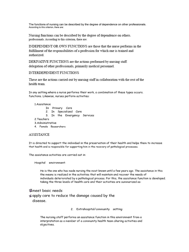 The Functions of Nursing Can Be Described by The Degree of Dependence ...