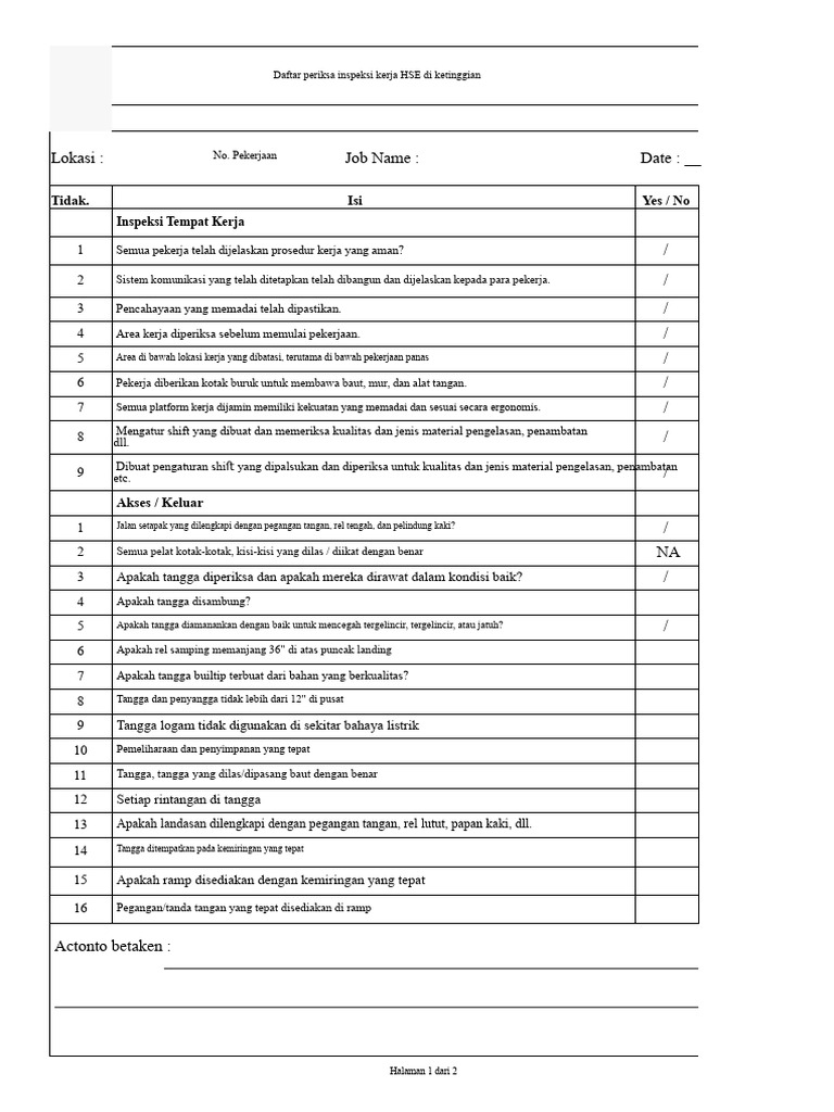 Daftar Periksa HSE Kerja di Ketinggian | PDF