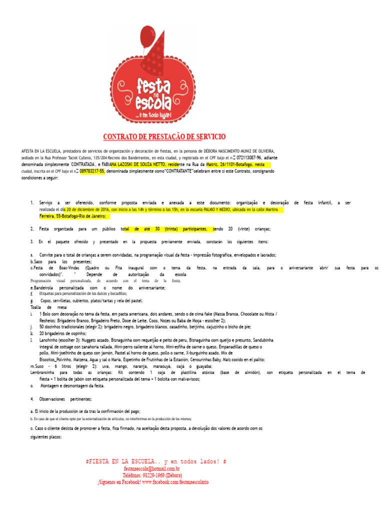 Contrato de Organización de Fiestas Infantiles | PDF | Cocina ...