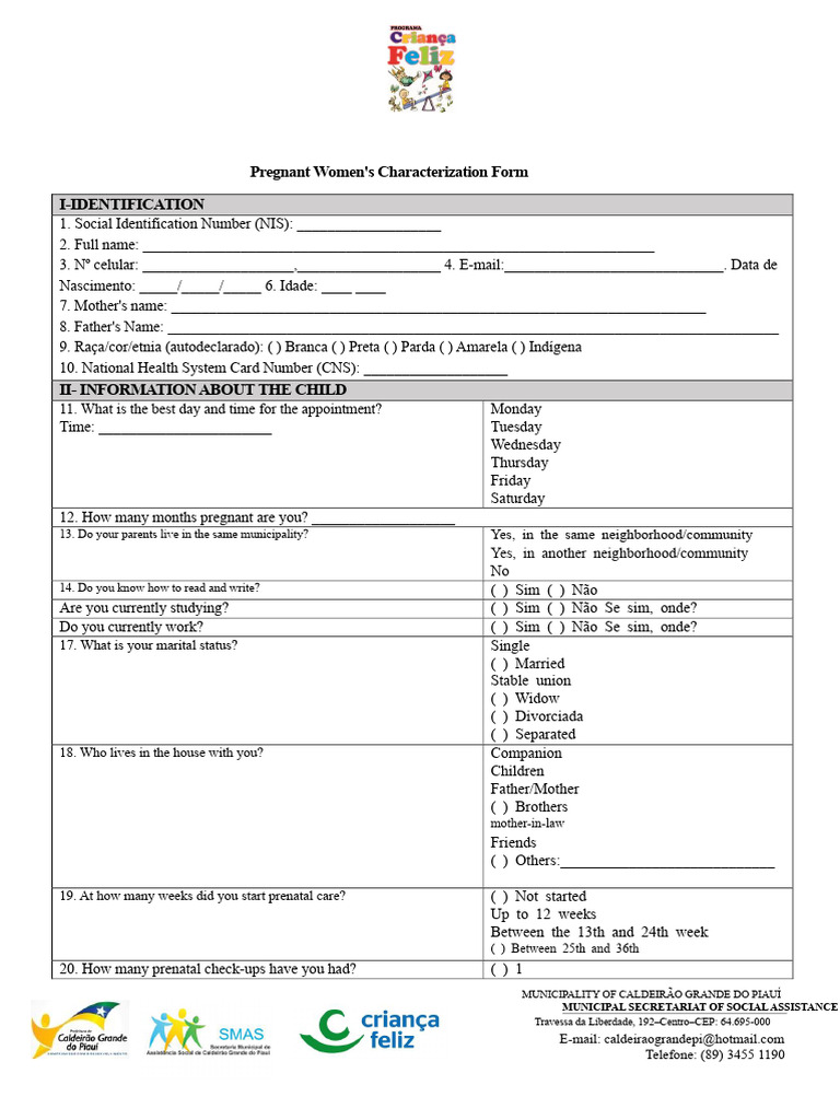 Registration Form For Pregnant Women of The Happy Child Program. | PDF ...