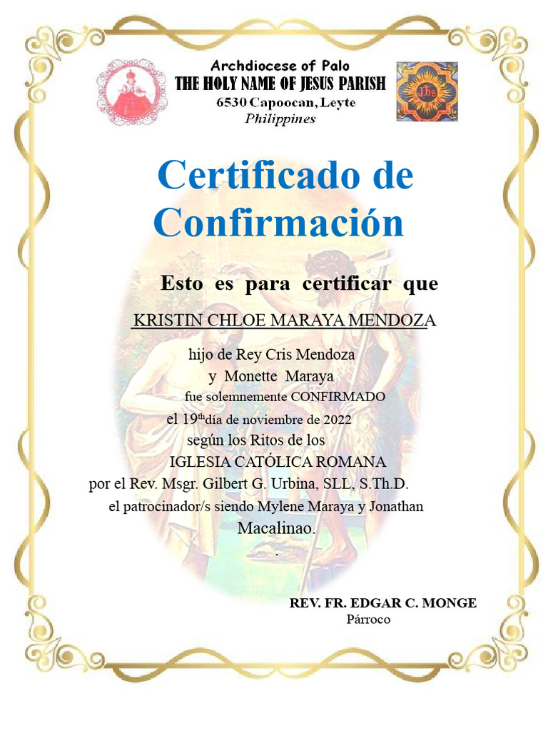 Certificado De Confirmación 2022 Pdf