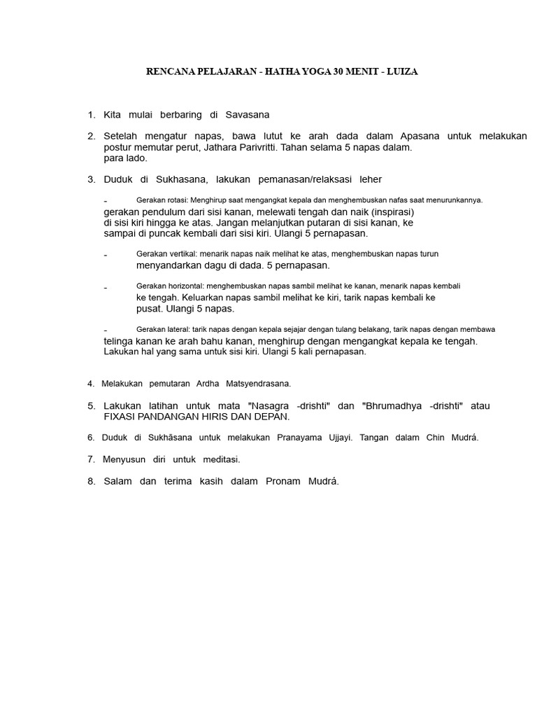 Rencana Pelajaran - Hatha Yoga 30 Menit - Luiza | PDF