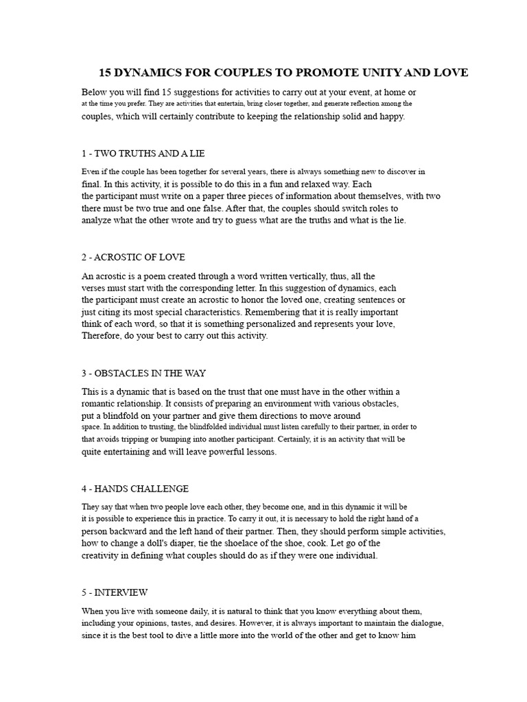 15 Activities to Strengthen Couple Bonds | PDF | Truth | Love