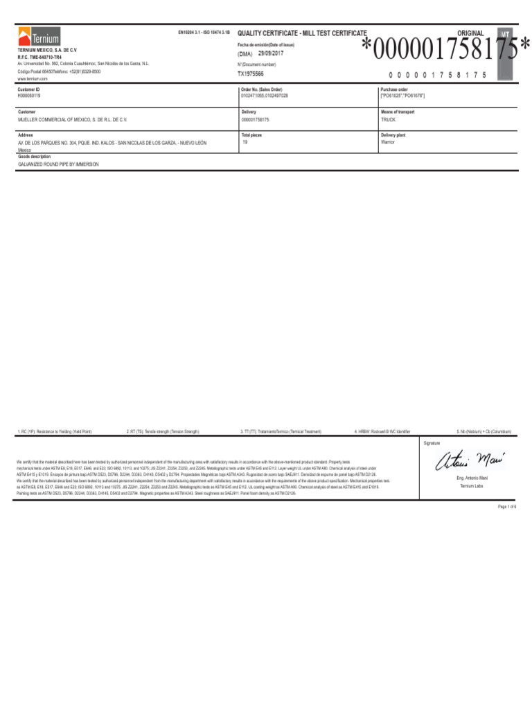 Certificate of Quality of Galvanized Pipe | PDF | Physical Sciences ...
