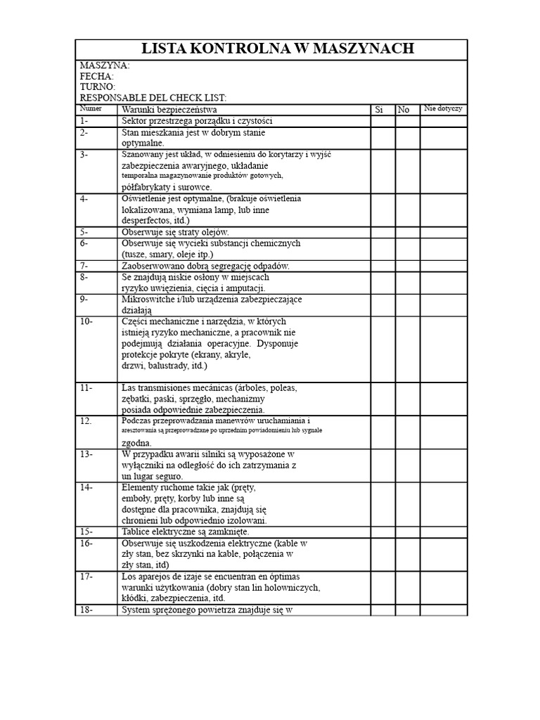 Lista Kontrolna Maszyn I Sprzętu | PDF