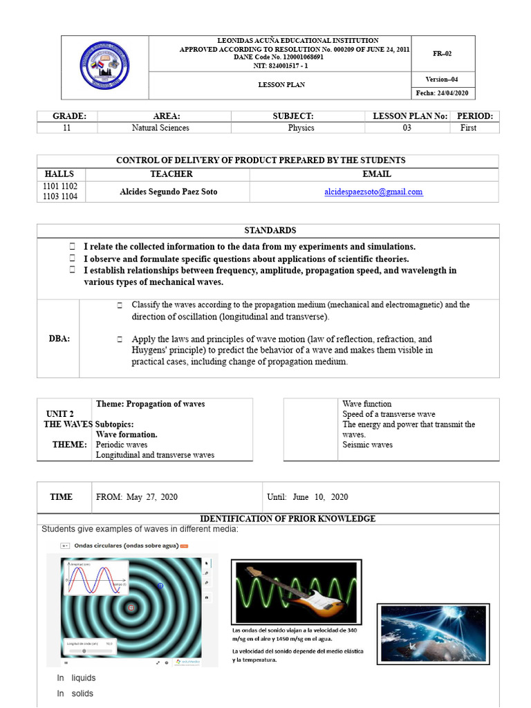 LESSON PLAN 03 PHYSICS Propagation of Waves May 27 To June 10, 2020 ...