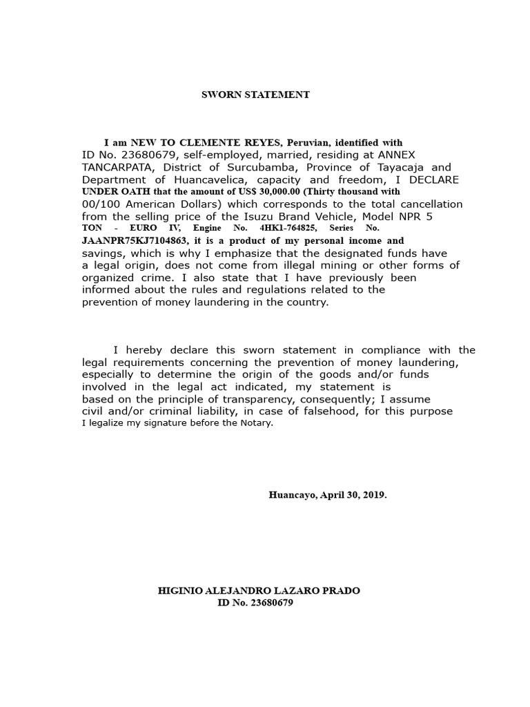 Sworn Statement on Vehicle Purchase Funds | PDF | Money Laundering ...