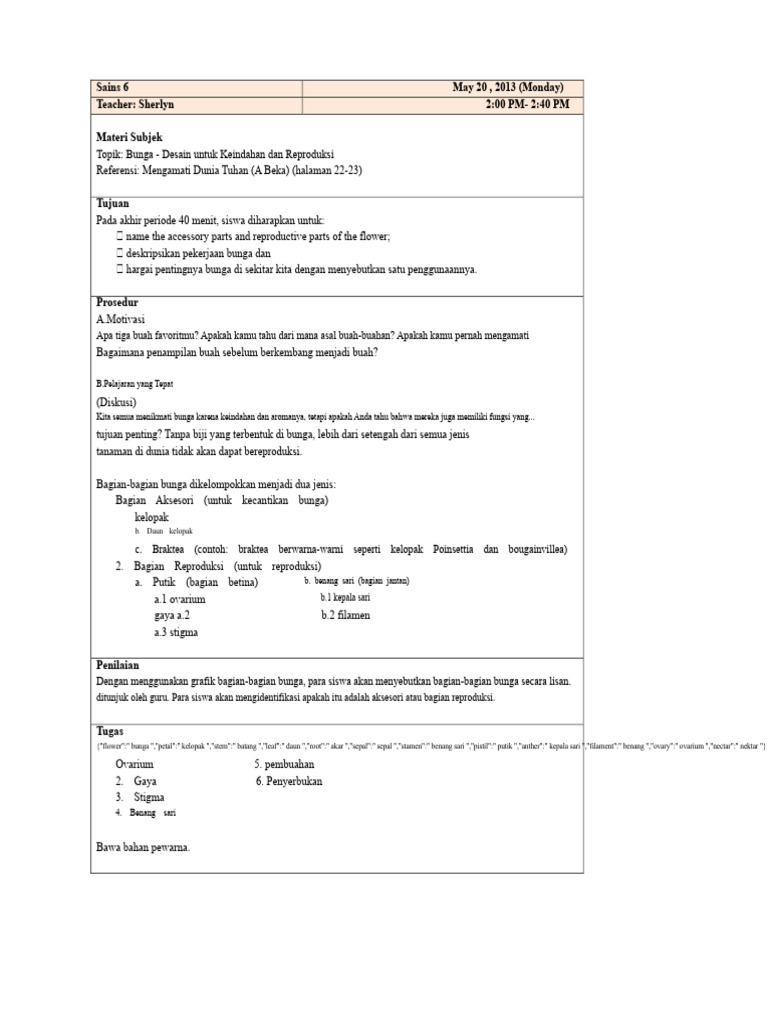 Rencana Pelajaran Sains 6 - Bunga | PDF