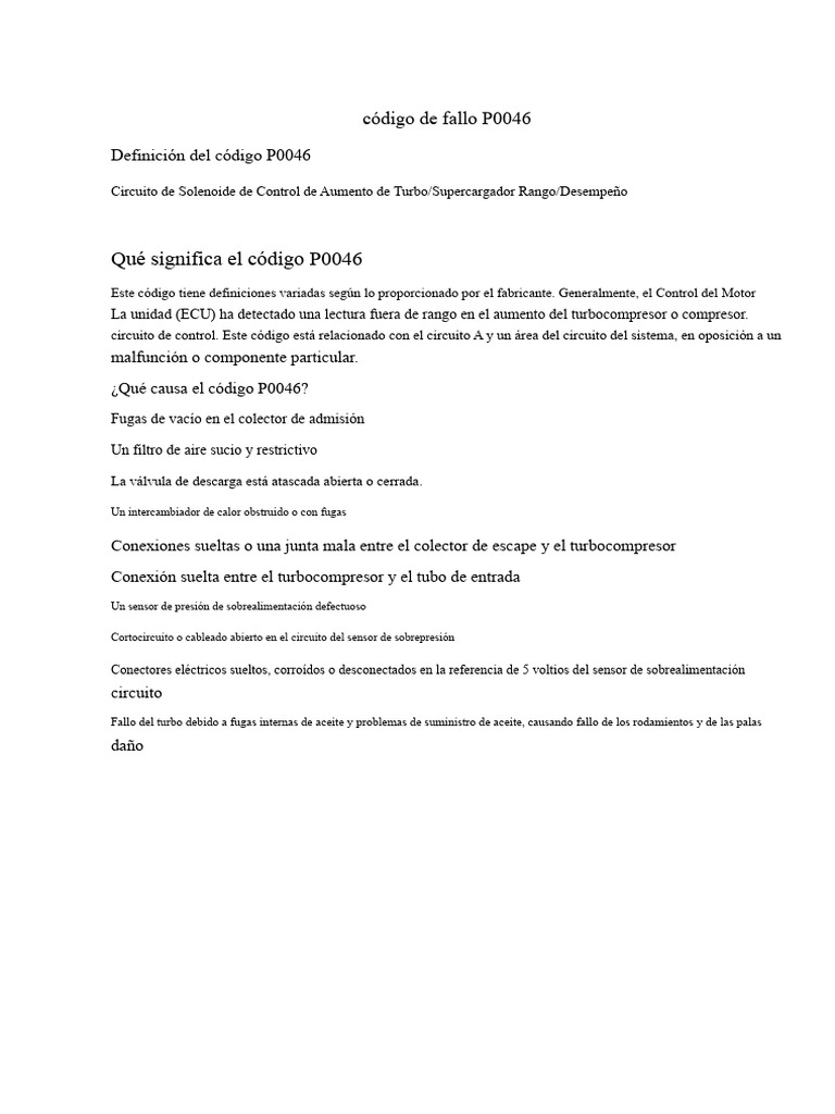 Explicación Del Código de Fallo P0046 y Sus Causas | PDF ...