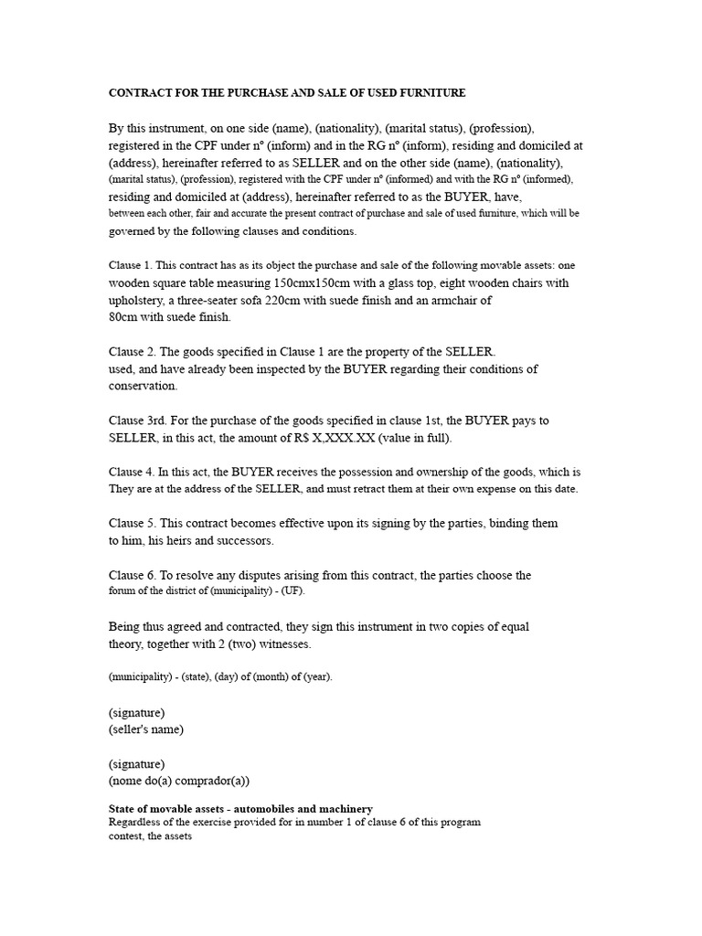Contract For The Purchase and Sale of Used Furniture | PDF