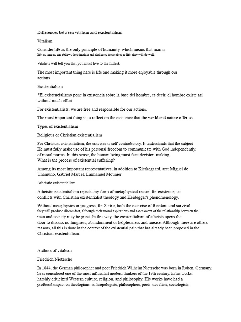 Vitalism vs. Existentialism Explained | PDF | Existentialism | Liberal ...
