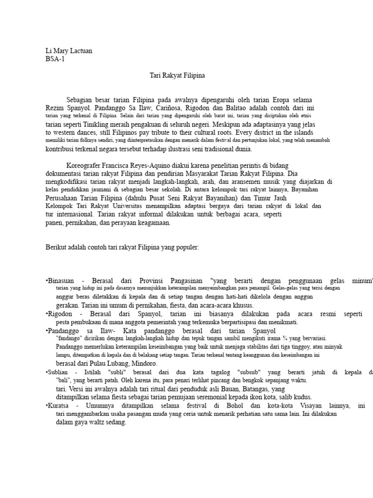 Tarian Rakyat Filipina: Warisan Budaya | PDF