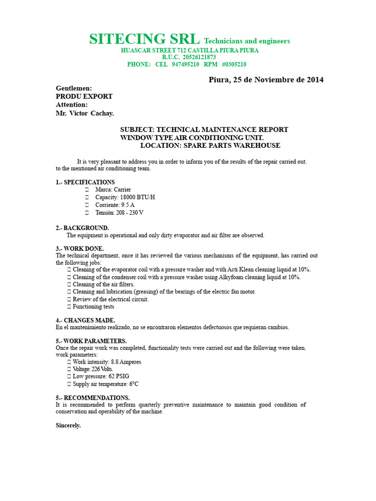 Models of Maintenance and Repair Reports For Air Conditioning Equipment ...