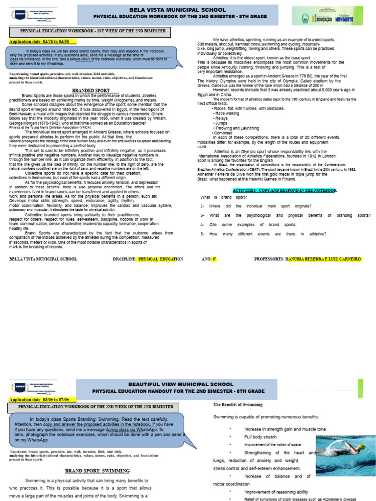 Physical Education Workbook 8TH Grade 1ST Semester | PDF | Swimming ...