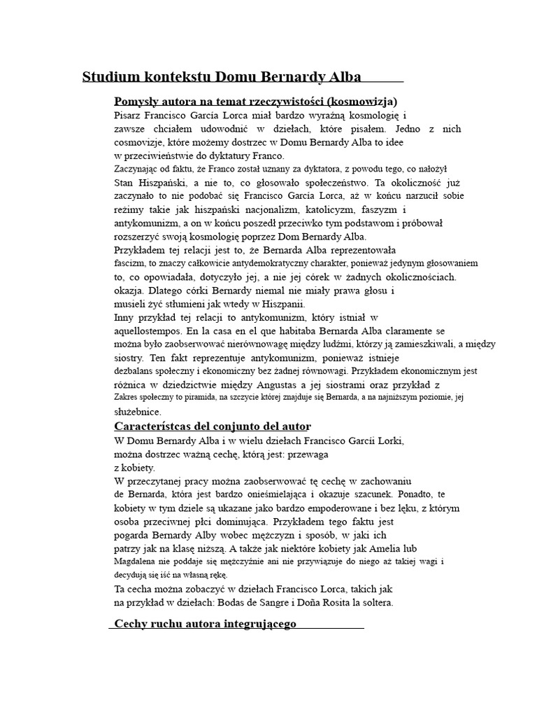 Analiza Kontekstu Domu Bernardy Alba | PDF