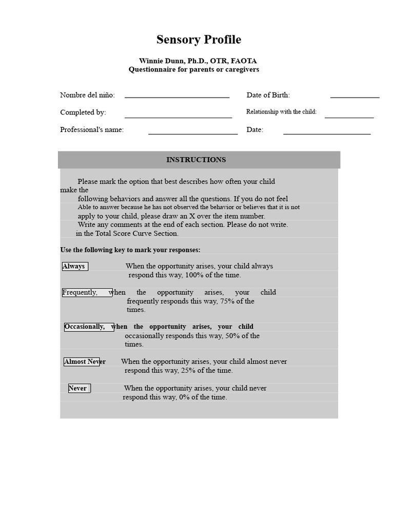 Child Sensory Processing Questionnaire | PDF | Senses | Fear