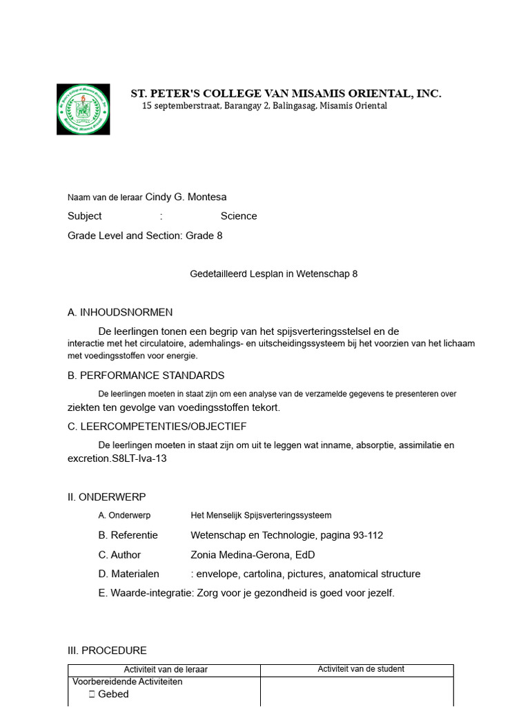 Gedetailleerd Lesplan in Wetenschap 8 | PDF