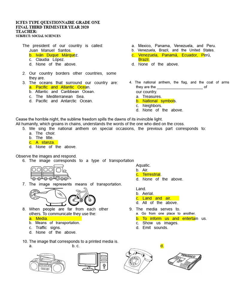 Final Questionnaires Type Icfes First Grade Third Trimester | PDF ...