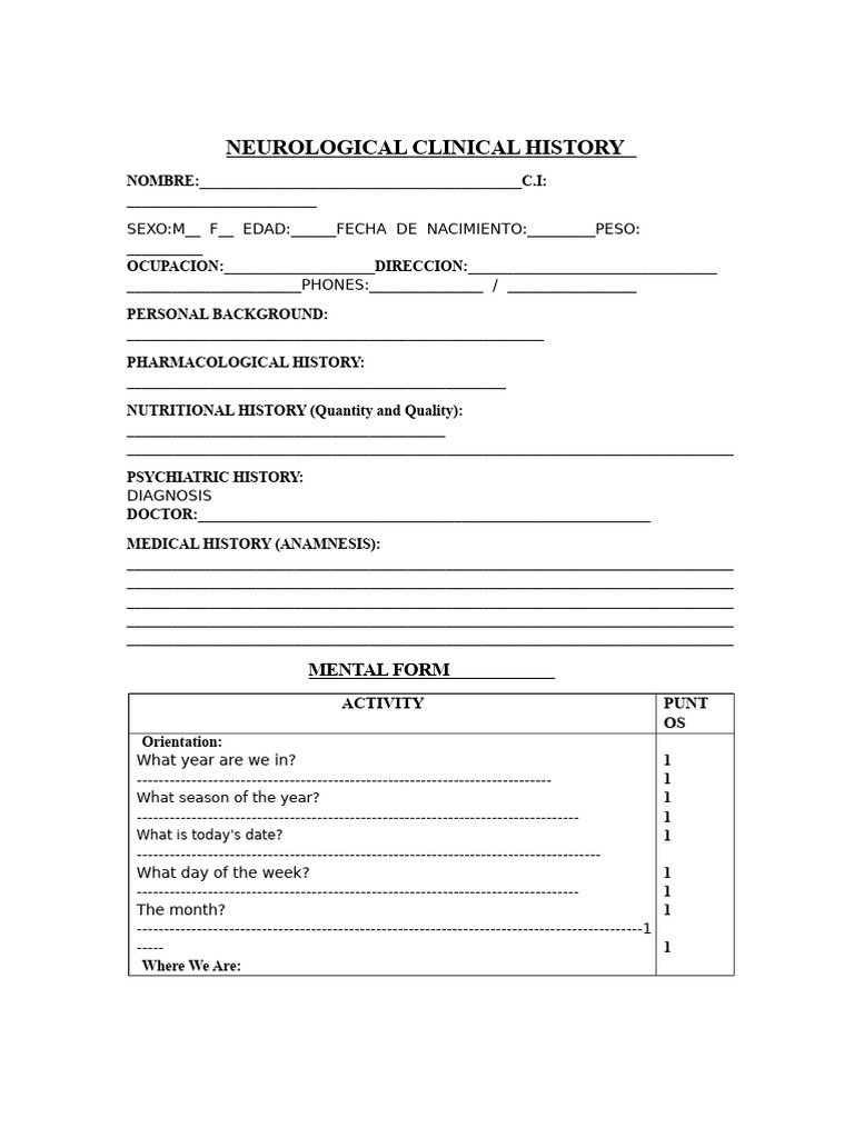 Neurological Clinical Assessment Form | PDF | Neurology | Psychological ...