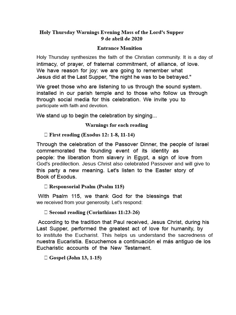 Holy Thursday Notices Evening Mass of The Lord's Supper | PDF | Last ...
