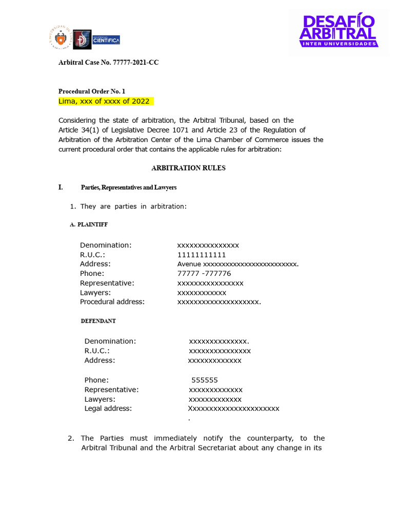 Procedural Order No. 1 Rules. (Installation) - CCL | PDF | Arbitration ...