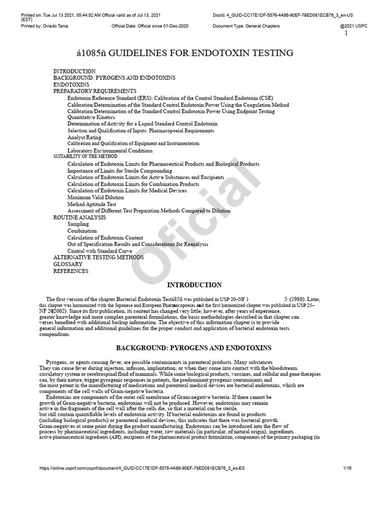 1085 Guidelines for Endotoxin Testing | PDF | Lipopolysaccharide | Cell ...