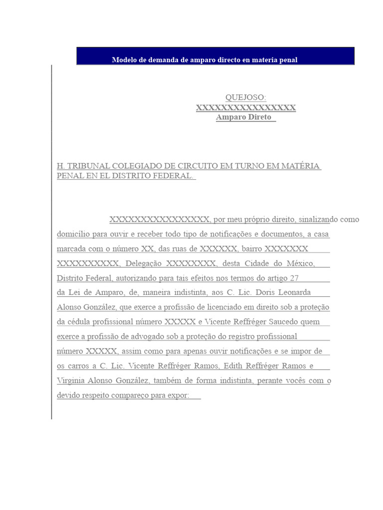 Modelo de Demanda de Amparo Penal | PDF | Sentença (jurídico) | Crimes