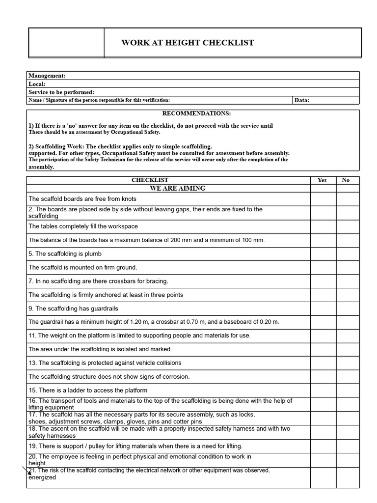 Work at Height Checklist | PDF | Scaffolding | Seat Belt