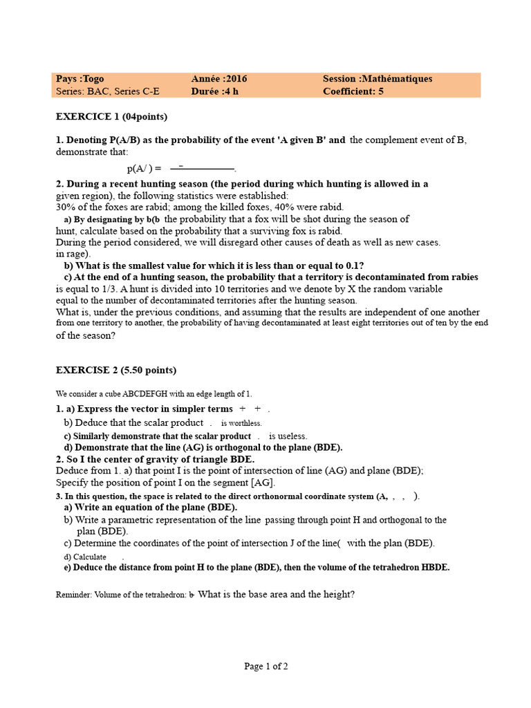 Mathematics Exam, BAC Series C-E, Year 2024, Togo | PDF | Line ...