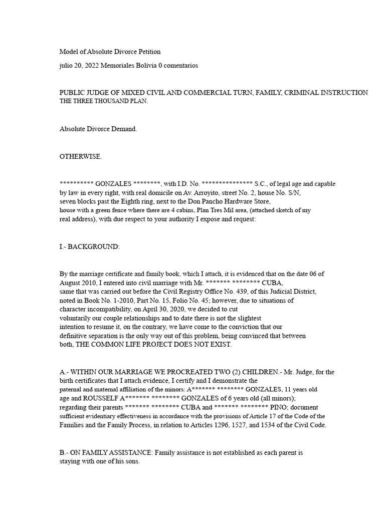Model of Absolute Divorce Petition | PDF | Divorce | Marriage