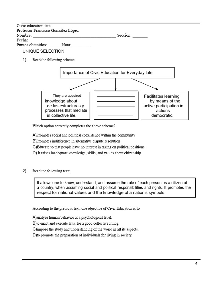 Civic Education Test Sixth Grade | PDF