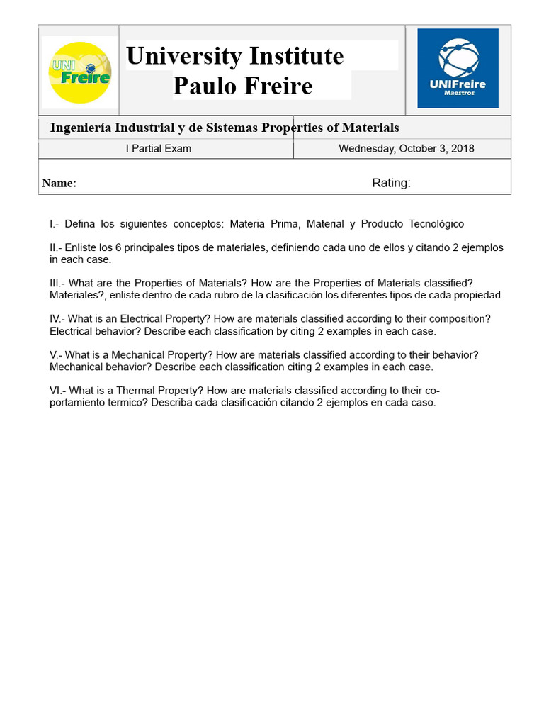 Partial Exam Properties of Materials | PDF