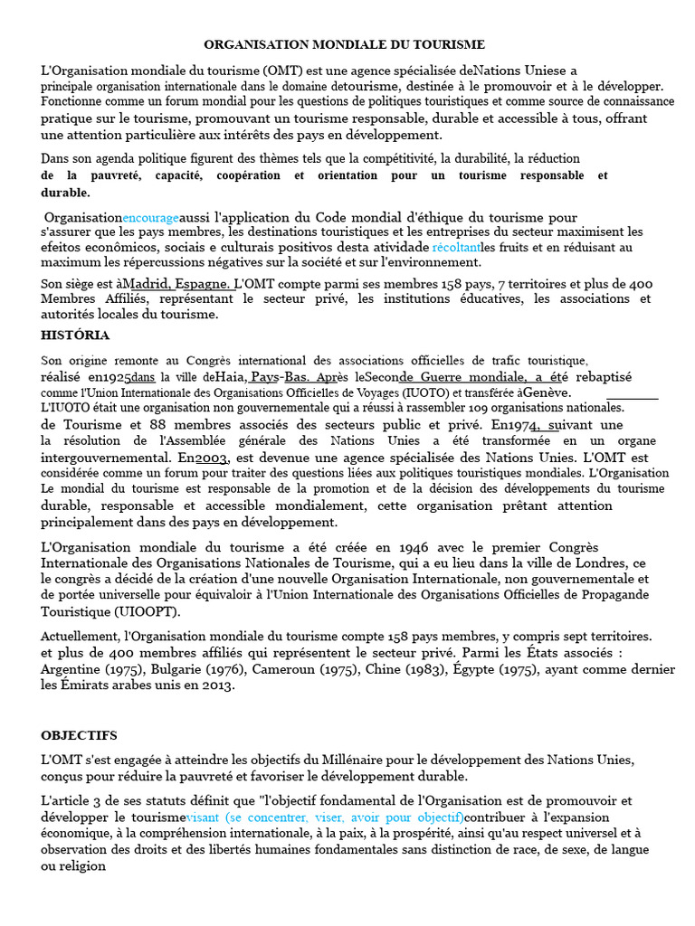Organisation Mondiale du Tourisme : Mission et Histoire | PDF ...