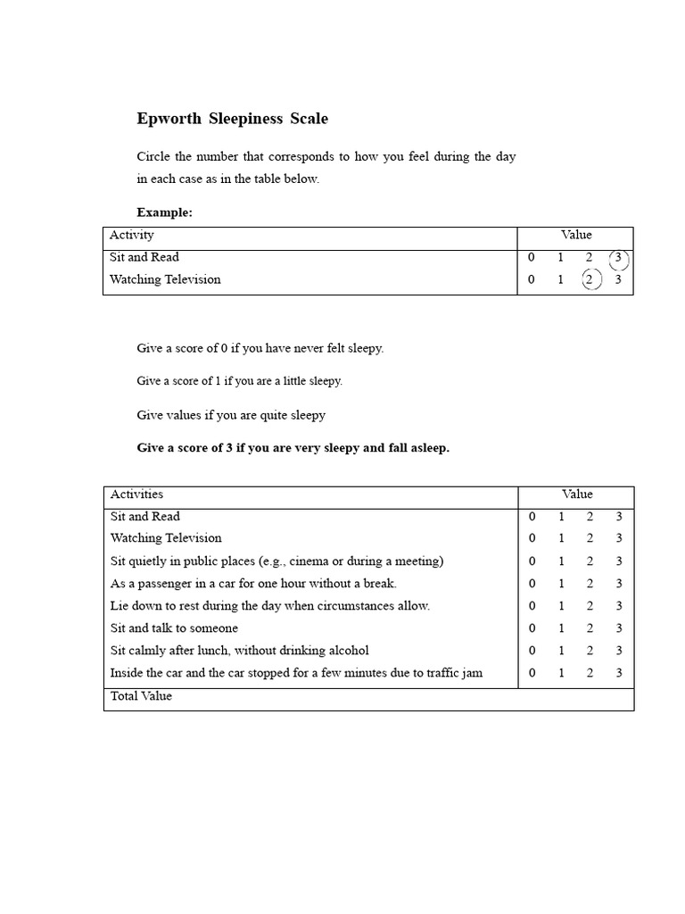 Epworth Sleepiness Scale Assessment | PDF