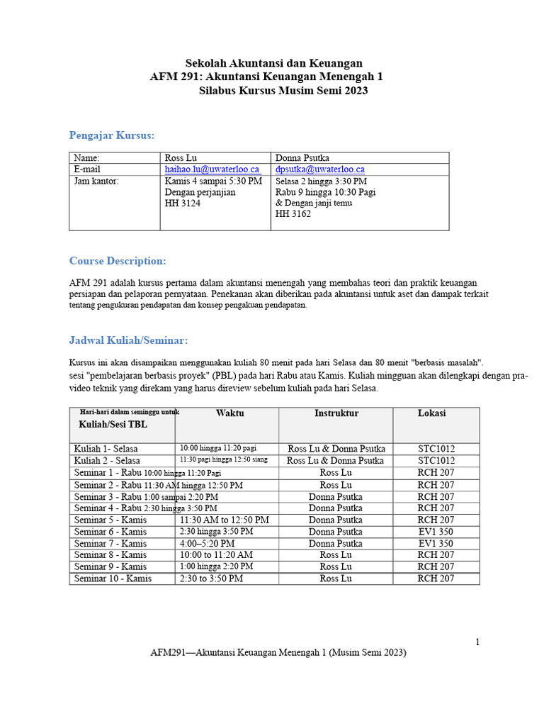 Rencana Kursus AFM 291 Musim Semi 2023 Final | PDF