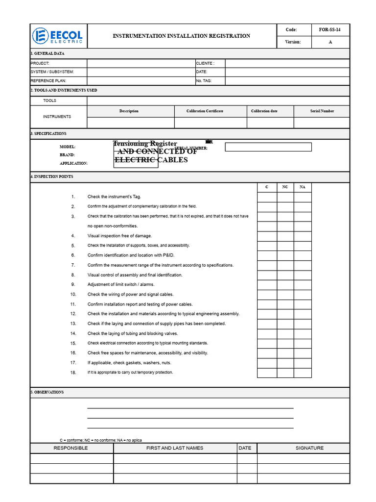 FOR-SS-14. Instrumentation Installation Record | PDF | Calibration ...