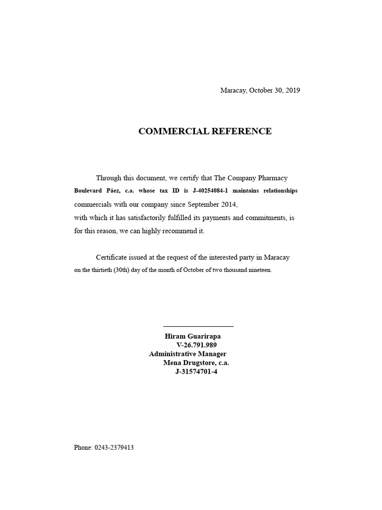 Commercial Reference Certificate for Pharmacy | PDF