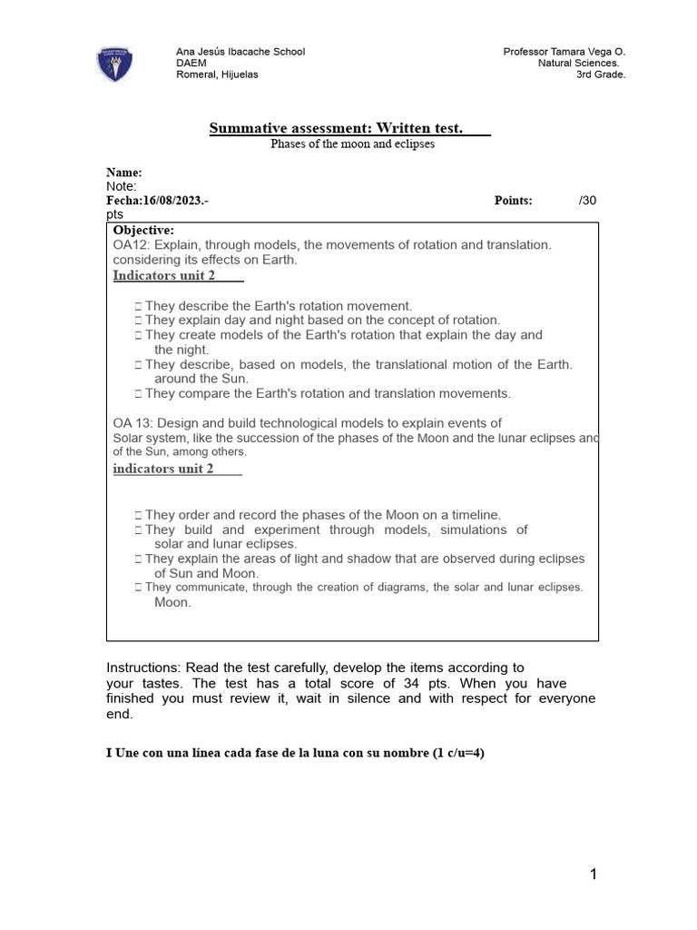 Summative Assessment Phases of The Moon and Eclipses 4th Grade | PDF ...