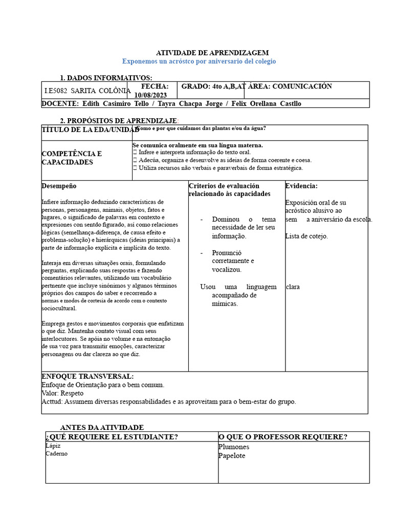 Acróstico Aniversário Escolar: Atividade 4º Ano | PDF | Informação ...