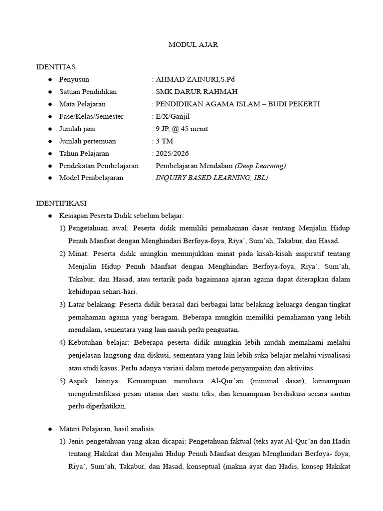Modul Ajar PAI Fase E Kls X BAB 3 Menjalin Hidup Penuh Manfaat Dengan Menghindari Berfoya-Foya ...