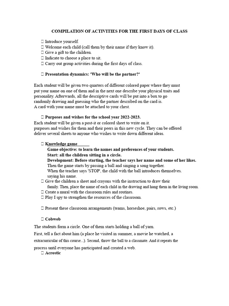 Compilation of Activities For The First Days of Class | PDF | Teachers ...