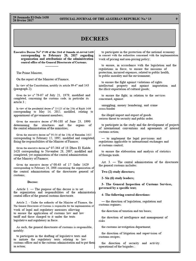 Executive Decree No. 17-90 DGD | PDF | Customs | Taxes