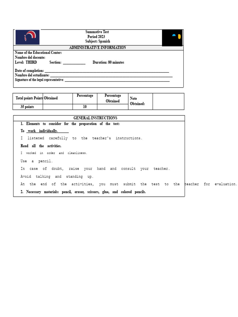 3rd Spanish - Summative Test | PDF | Punctuation