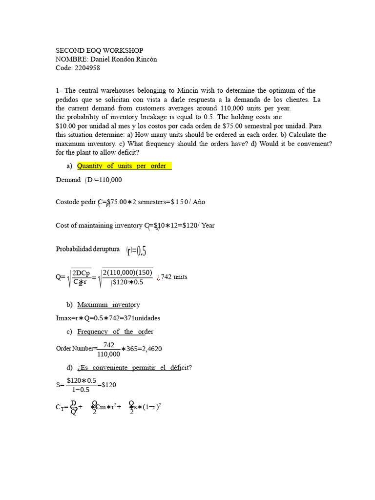 SECOND EOQ WORKSHOP | PDF | Inventory | Economies