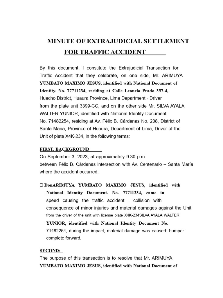 Extrajudicial Settlement Agreement For Collision of Two Vehicles 20231 ...