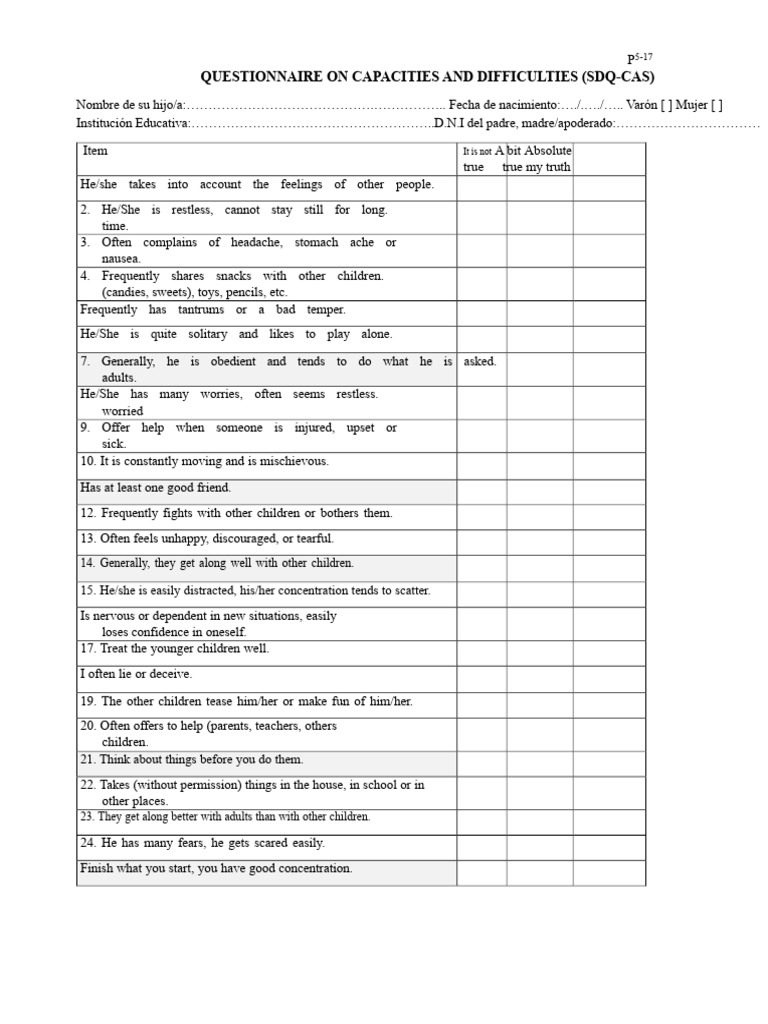 Questionnaire On Abilities and Difficulties | PDF | Behavioural ...
