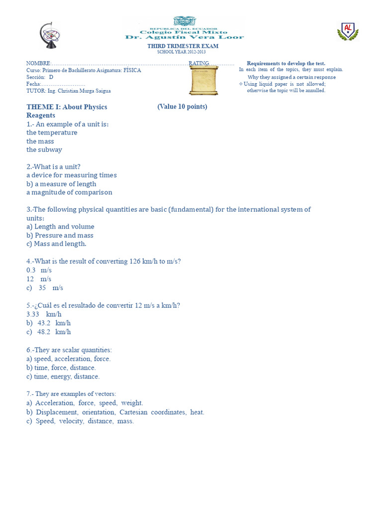 fourth grade physics exam.docx | PDF | Acceleration | Velocity