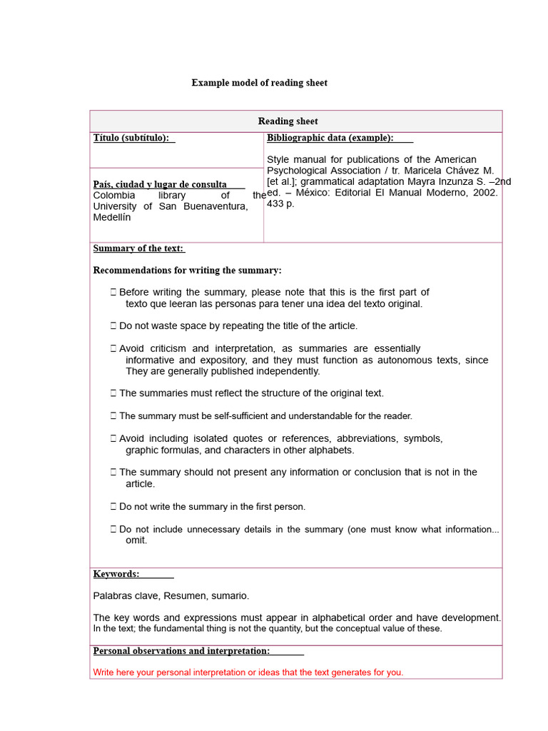 Reading-Research Sheet Model | PDF