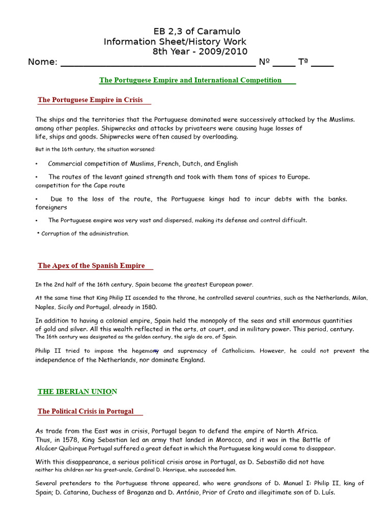 Portuguese Empire Crisis Sheet | PDF | Portugal | Brazil