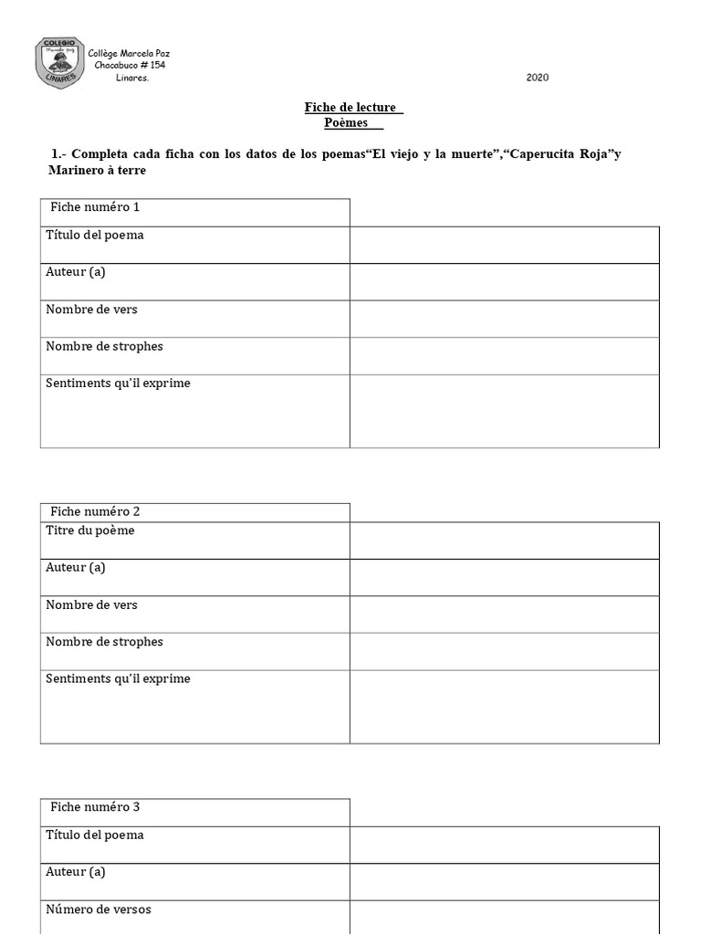 Fiche de lecture de poèmes 2020 | PDF